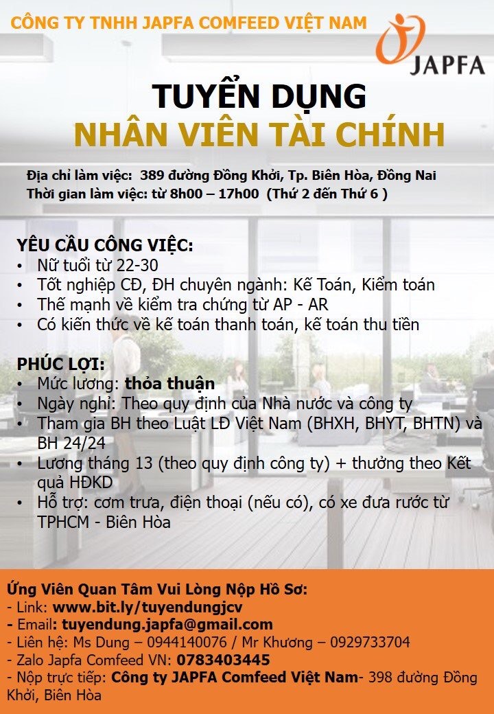 Tuyển dụng của Công ty JAPFA COMFEED Việt Nam